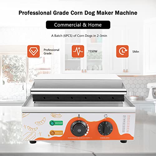 Moongiantgo Commercial Corn Dog Waffle Maker Machine 6 PCS 1550W Waffles on a Stick Maker Stainless Steel, 50-300℃ Temp Control, 5-min Timer Waffle Dog Maker 110V(White)