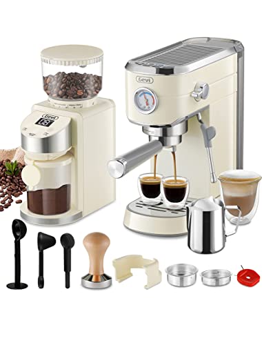 Gevi 20 Bar Compact Professional Espresso Coffee Machine with Milk Frother for Espresso, Latte and Cappuccino Burr Coffee Grinder with 35 Precise Grind Settings, Beige