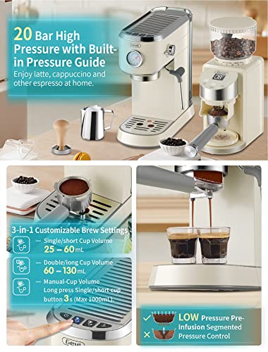 Gevi 20 Bar Compact Professional Espresso Coffee Machine with Milk Frother for Espresso, Latte and Cappuccino Burr Coffee Grinder with 35 Precise Grind Settings, Beige