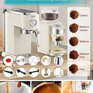 Gevi 20 Bar Compact Professional Espresso Coffee Machine with Milk Frother for Espresso, Latte and Cappuccino Burr Coffee Grinder with 35 Precise Grind Settings, Beige