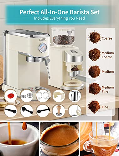 Gevi 20 Bar Compact Professional Espresso Coffee Machine with Milk Frother for Espresso, Latte and Cappuccino Burr Coffee Grinder with 35 Precise Grind Settings, Beige