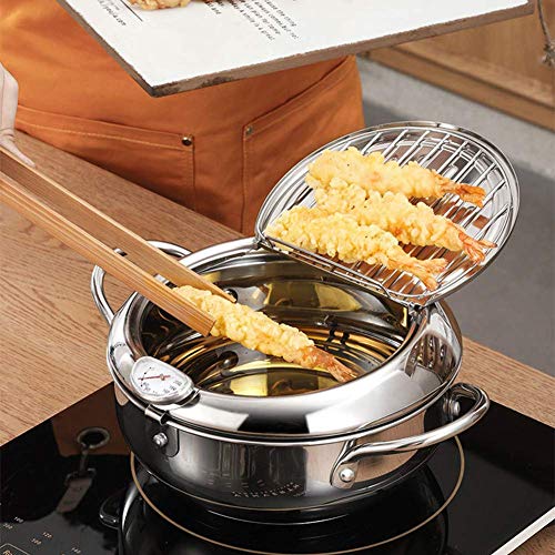 Deep Fryer Pot, Japanese Tempura Small Deep Fryer Stainless Steel Frying Pot With Thermometer,Lid And Oil Drip Drainer Rack for French Fries Shrimp Chicken Wings(20cm, 304)