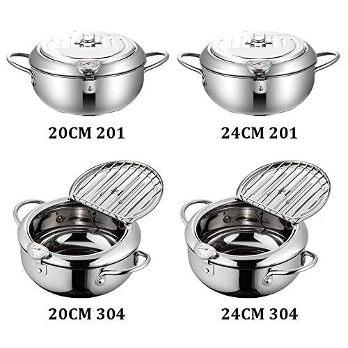 Deep Fryer Pot, Japanese Tempura Small Deep Fryer Stainless Steel Frying Pot With Thermometer,Lid And Oil Drip Drainer Rack for French Fries Shrimp Chicken Wings(20cm, 304)