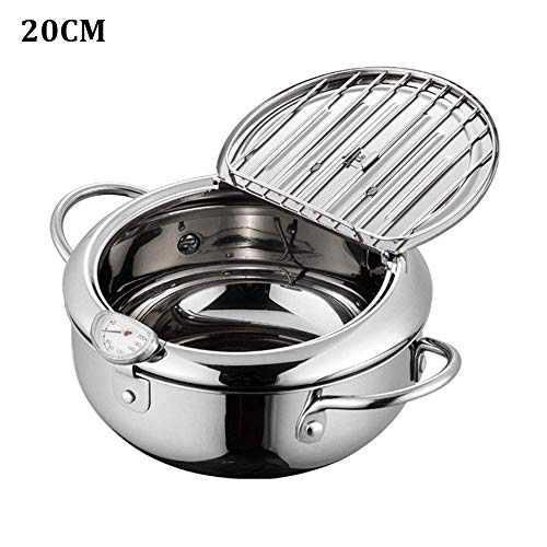 Deep Fryer Pot, Japanese Tempura Small Deep Fryer Stainless Steel Frying Pot With Thermometer,Lid And Oil Drip Drainer Rack for French Fries Shrimp Chicken Wings(20cm, 304)