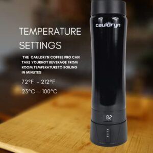 Cauldryn Coffee Temperature Control Travel Coffee Mug and Desktop Warmer, Smartphone via Bluetooth Control, Long Lasting Battery Powered Heated Portable Smart Mug, Stainless Steel, 16 oz, Black