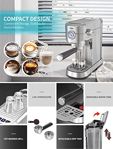 Gevi 20 Bar Compact Professional Espresso Coffee Machine with Milk Frother/Steam Wand for Espresso, Latte and Cappuccino, Stainless Steel, 35 Oz Removable Water Tank (Machine)