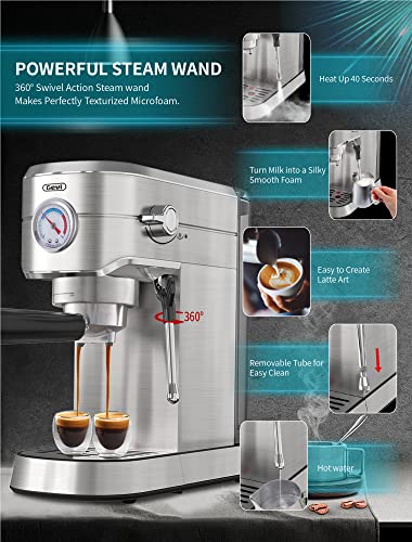 Gevi 20 Bar Compact Professional Espresso Coffee Machine with Milk Frother/Steam Wand for Espresso, Latte and Cappuccino, Stainless Steel, 35 Oz Removable Water Tank (Machine)