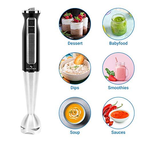 SOLTRONICS Multi Purpose Immersion Hand Blender Stick, Mixer, Chopper, 500W Turbo 8-Speed, Shake with Easy Grip Handle, Stainless Steel Blades for Smoothies, Puree Baby Food, Sauce and Soup, Black