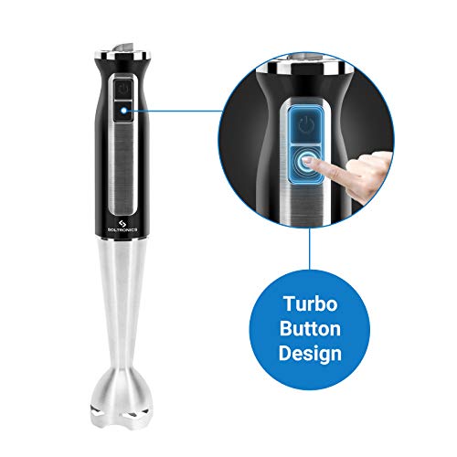 SOLTRONICS Multi Purpose Immersion Hand Blender Stick, Mixer, Chopper, 500W Turbo 8-Speed, Shake with Easy Grip Handle, Stainless Steel Blades for Smoothies, Puree Baby Food, Sauce and Soup, Black