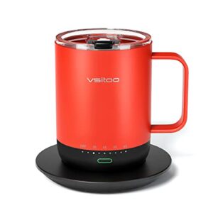 vsitoo temperature control smart mug with lid, coffee mug warmer with mug for desk home office, app controlled heated coffee cup, self heating coffee mug 14 oz, electric mug – improved design (red)