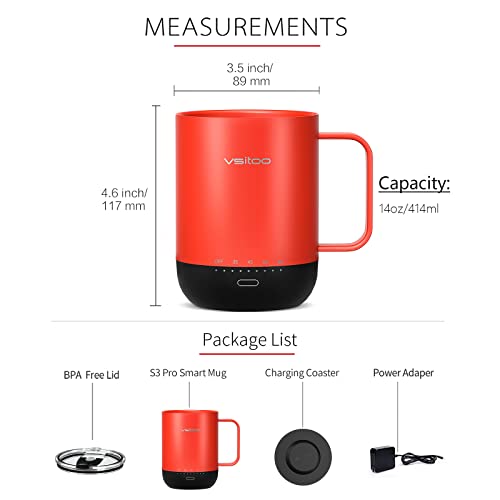 VSITOO Temperature Control Smart Mug with Lid, Coffee Mug Warmer with Mug for Desk Home Office, App Controlled Heated Coffee Cup, Self Heating Coffee Mug 14 oz, Electric Mug - Improved Design (Red)