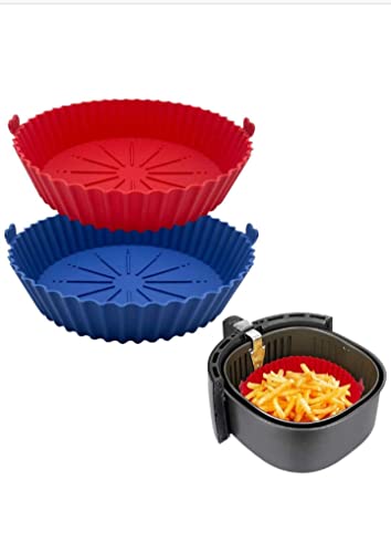 8.5-inch Reusable Silicone air Fryer from Heat-Resistant. Round Silicone Pot for Air Fryer Oven Accessories, (Blue + Red)