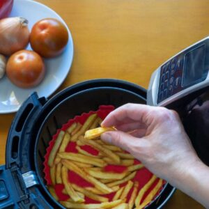 8.5-inch Reusable Silicone air Fryer from Heat-Resistant. Round Silicone Pot for Air Fryer Oven Accessories, (Blue + Red)