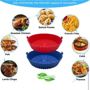 8.5-inch Reusable Silicone air Fryer from Heat-Resistant. Round Silicone Pot for Air Fryer Oven Accessories, (Blue + Red)