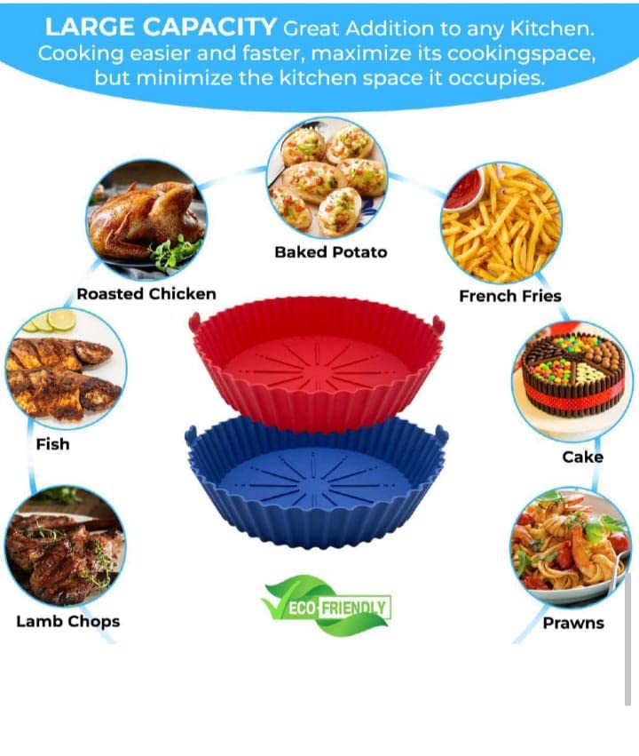 8.5-inch Reusable Silicone air Fryer from Heat-Resistant. Round Silicone Pot for Air Fryer Oven Accessories, (Blue + Red)