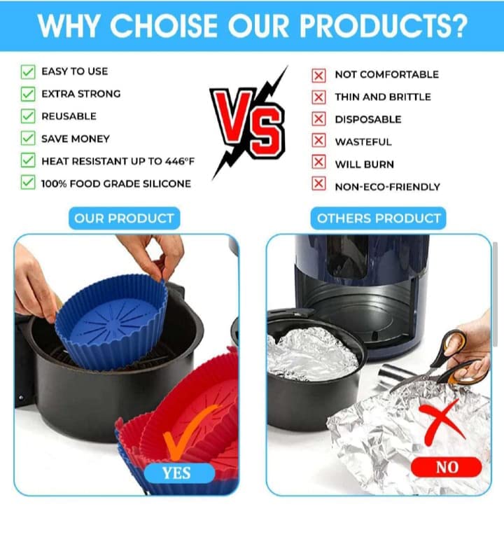 8.5-inch Reusable Silicone air Fryer from Heat-Resistant. Round Silicone Pot for Air Fryer Oven Accessories, (Blue + Red)