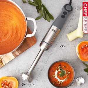 Dash Chef Series Deluxe Immersion Hand Blender, 5 Speed Stick Blender with Stainless Steel Blades, Dough Hooks, Food Processor, Grate, Mash, Slice, Whisk Attachments and Recipe Guide – Cool Grey