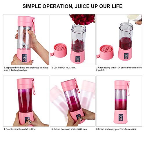 Portable Blender USB Rechargeable, Small Blender Single Serve, Personal Size Blender Travel Blender Juicer Cup 380ml (FDA, BPA free) (Pink)