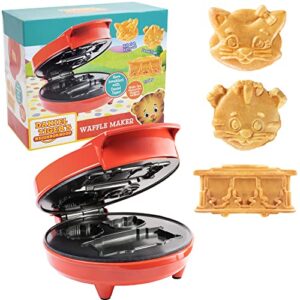 daniel tiger waffle maker iron – electric nonstick waffler featuring 3d mini character shaped waffles or pancakes of daniel tiger, caterina kitty cat & the trolley – fun for themed party, make breakfast fun for kids, adults