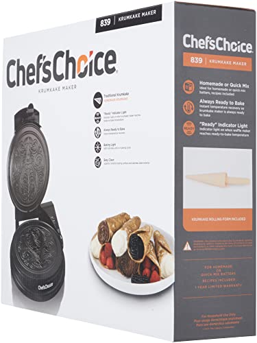 Chef'sChoice KrumKake Maker Features Nonstick Surface and Instant Heat Recovery with Temperature Control and Ready Light, Includes Roller, 1050-Watts, Silver