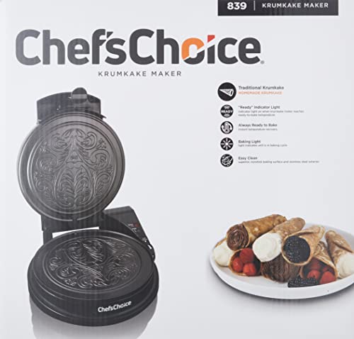 Chef'sChoice KrumKake Maker Features Nonstick Surface and Instant Heat Recovery with Temperature Control and Ready Light, Includes Roller, 1050-Watts, Silver