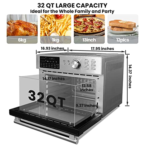 Air Fryer Oven OIMIS,32QT X-Large Air Fryer Toaster Oven Stainless Steel Air Fryer Rotisserie Oven Combo 21 in 1 Countertop Oven Dual Cook Patented Dual Air Duct System With 7 Accessories 52 Recipes&Manual 1800W