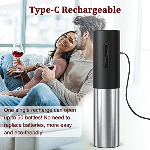 Electric Wine Opener Set, Rechargeable Electric Wine Bottle Openers, USB-charging Stainless Steel Wine Bottle Opener With Foil Cutter, One-click Button Automatic Wine Corkscrew Remover for Wine Lover