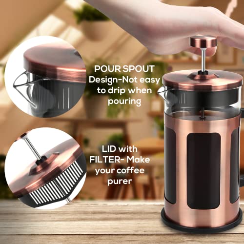 FAVIA French Press Coffee Maker 12 Ounce Stainless Steel with Borosilicate Glass Heat Resistant 4 Level Filtration System for Brew Coffee & Tea Dishwasher Safe 350ml (12oz, Stainless Copper)