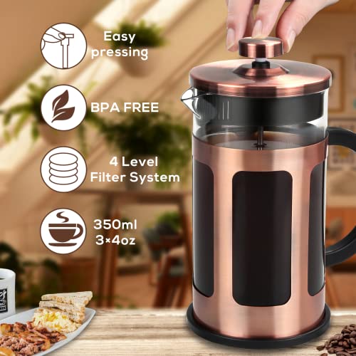 FAVIA French Press Coffee Maker 12 Ounce Stainless Steel with Borosilicate Glass Heat Resistant 4 Level Filtration System for Brew Coffee & Tea Dishwasher Safe 350ml (12oz, Stainless Copper)