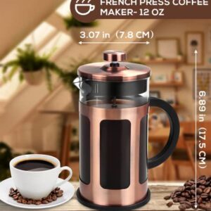 FAVIA French Press Coffee Maker 12 Ounce Stainless Steel with Borosilicate Glass Heat Resistant 4 Level Filtration System for Brew Coffee & Tea Dishwasher Safe 350ml (12oz, Stainless Copper)