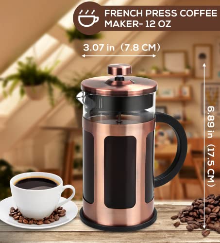 FAVIA French Press Coffee Maker 12 Ounce Stainless Steel with Borosilicate Glass Heat Resistant 4 Level Filtration System for Brew Coffee & Tea Dishwasher Safe 350ml (12oz, Stainless Copper)