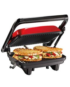 hamilton beach electric panini press grill with locking lid, opens 180 degrees for any sandwich thickness, nonstick 8″ x 10″ grids, red (25462z)