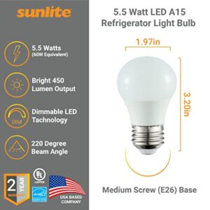 Sunlite 80218-SU LED A15 Refrigerator Light Bulb, 5.5 Watts (40W Equivalent), 450 Lumens, Medium Base (E26), Dimmable, Frosted Finish, UL Listed, Energy Star, 40K - Cool White, 1 Pack