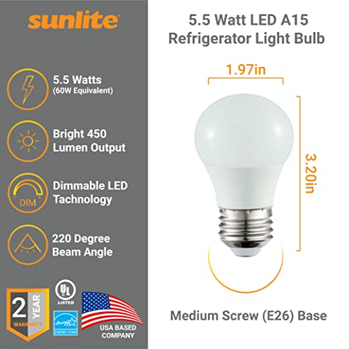 Sunlite 80218-SU LED A15 Refrigerator Light Bulb, 5.5 Watts (40W Equivalent), 450 Lumens, Medium Base (E26), Dimmable, Frosted Finish, UL Listed, Energy Star, 40K - Cool White, 1 Pack