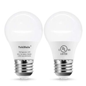 yukihalu, led refrigerator light bulb 60w equivalent a15 appliance fridge bulbs, waterproof 600 lumen 7w 120v daylight 5000k e26 medium base, small size bulb for damp location, not-dim, 2-pack