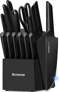 knife set, 15 pieces chef knife set with block for kitchen, german stainless steel knife block set, dishwasher safe, elegant black