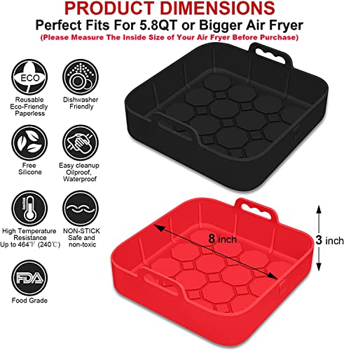 Air Fryer Silicone Pot, 2Pcs 8" Square Air Fryer Silicone Liners Food Safe Non Stick Air fryer Basket Accessories, Reusable Replacement of Parchment Liner Paper Fits 5.8QT or Bigger Square Air Fryer