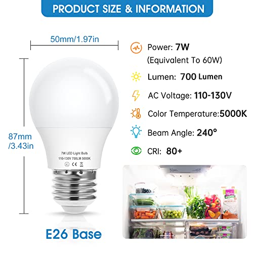 EvaStary 60W Equivalent Refrigerator Light Bulb, 7W 120V A15 Fridge Waterproof Appliance Fridge Light Bulbs, E26 Daylight White 5000K 700 Lumen for Home Bathroom Kitchen Lamp, Non-Dimmable, 2 Pack