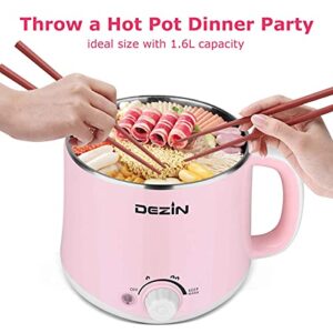 Dezin Electric Hot Pot, Rapid Noodles Cooker, Stainless Steel Mini Pot 1.6 Liter, Perfect for Ramen, Egg, Pasta, Dumpling, Soup, Porridge, Oatmeal with Power Adjustment and Keep Warm Function, Pink