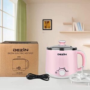 Dezin Electric Hot Pot, Rapid Noodles Cooker, Stainless Steel Mini Pot 1.6 Liter, Perfect for Ramen, Egg, Pasta, Dumpling, Soup, Porridge, Oatmeal with Power Adjustment and Keep Warm Function, Pink