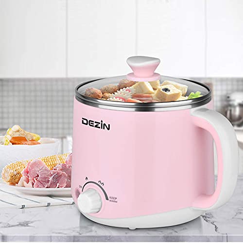 Dezin Electric Hot Pot, Rapid Noodles Cooker, Stainless Steel Mini Pot 1.6 Liter, Perfect for Ramen, Egg, Pasta, Dumpling, Soup, Porridge, Oatmeal with Power Adjustment and Keep Warm Function, Pink