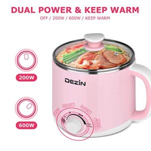 Dezin Electric Hot Pot, Rapid Noodles Cooker, Stainless Steel Mini Pot 1.6 Liter, Perfect for Ramen, Egg, Pasta, Dumpling, Soup, Porridge, Oatmeal with Power Adjustment and Keep Warm Function, Pink