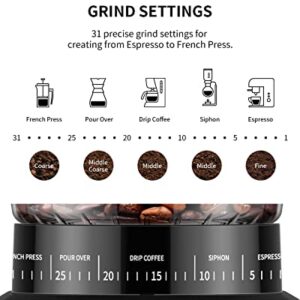 SHARDOR Conical Burr Coffee Grinder with Digital Timer Display, Electric Coffee Bean Grinder with 31 Precise Settings for Espresso/Drip/Pour Over/Cold Brew/French Press, Matte Black