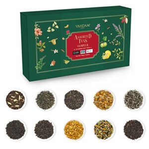 vahdam, assorted loose leaf tea sampler – 10 teas, 50 servings | tea variety pack – black tea, green tea, oolong tea, chai tea, white tea | brew as hot/iced tea, kombucha tea