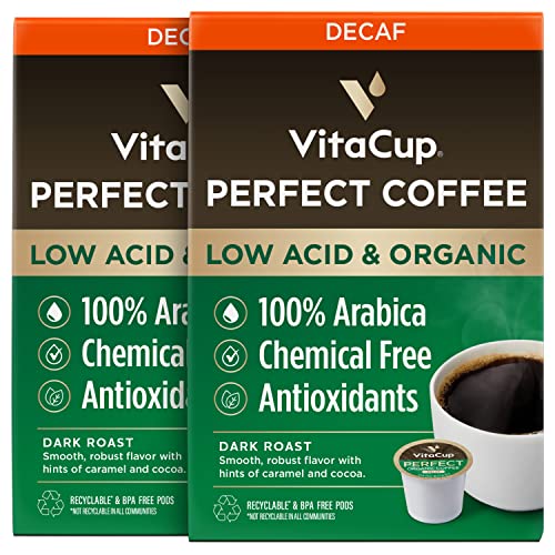 VitaCup Organic Perfect Dark Roast Decaf Coffee Pod for Pure & Clean Energy & Antioxidants from Low Acid, Guatemala Single Origin in Recyclable Single Serve Pod compatible w/Keurig K-Cup Brewers,32CT