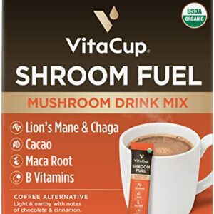 VitaCup Shroom Fuel, Mushroom Based Coffee Alternative Packets, Mushroom Coffee Substitute w/ Cacao, Cinnamon, Chaga, Lions Mane, & Maca for Energy, Immune Support, & Focus, 10 ct