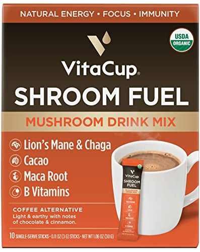 VitaCup Shroom Fuel, Mushroom Based Coffee Alternative Packets, Mushroom Coffee Substitute w/ Cacao, Cinnamon, Chaga, Lions Mane, & Maca for Energy, Immune Support, & Focus, 10 ct