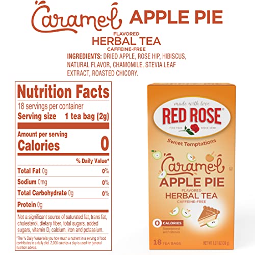 Red Rose Sweet Temptations Dessert Tea Caramel Apple Pie, Zero Carbs, Zero Sugar Bursting with Flavor Caffeine-Free Delicious Beverage Herbal Tea, 18 Count of Fruit Naturally Flavored Black Tea