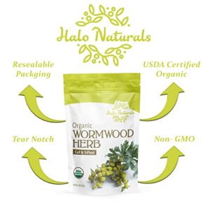 Halo Naturals Organic Wormwood Herb 4 oz Cut & Sifted (Artemisia absinthium) USDA Certified Organic Wormwood Tea | Non-GMO | Vegan| Resealable Pouch| Packaged in the USA (4 Ounces (Pack of 1))