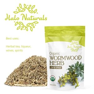 Halo Naturals Organic Wormwood Herb 4 oz Cut & Sifted (Artemisia absinthium) USDA Certified Organic Wormwood Tea | Non-GMO | Vegan| Resealable Pouch| Packaged in the USA (4 Ounces (Pack of 1))